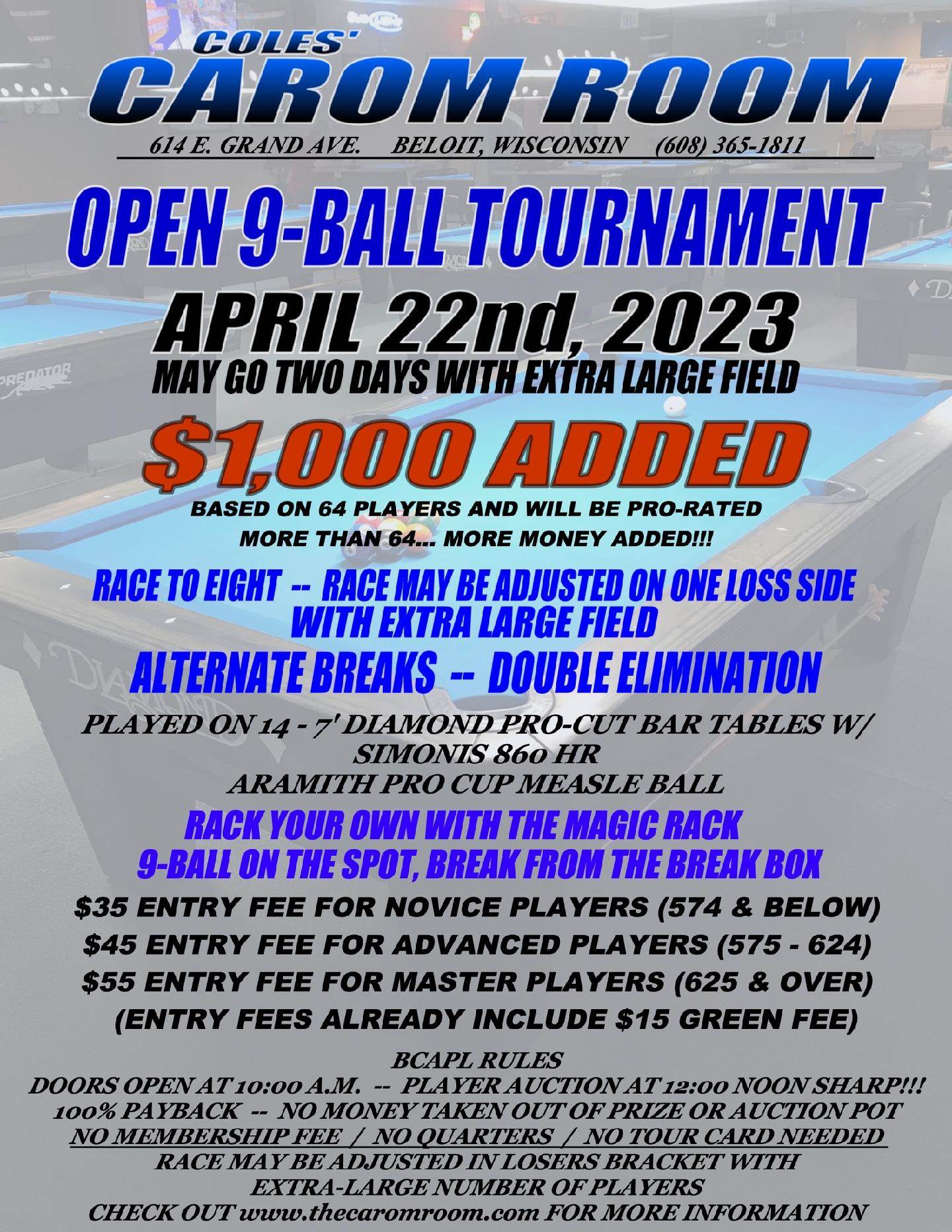 Carom Room - Tournaments/Bar Table