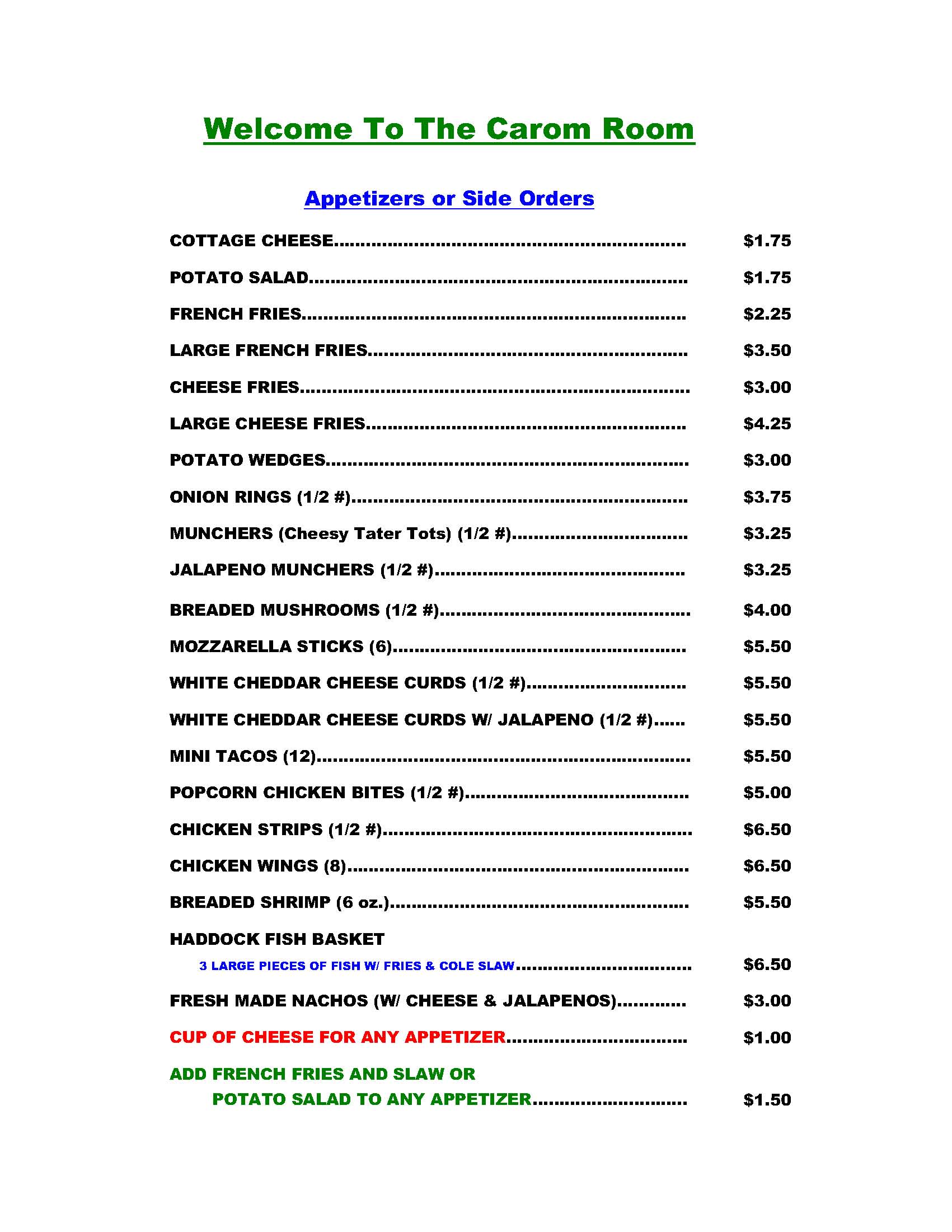 Carom Room - Grill Menu
