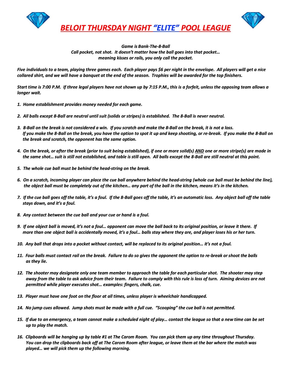 Carom Room - League/Beloit Elite League