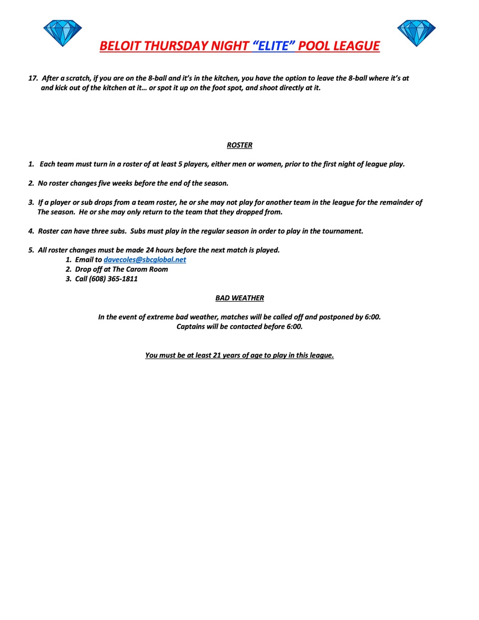 Carom Room - League/Beloit Elite League